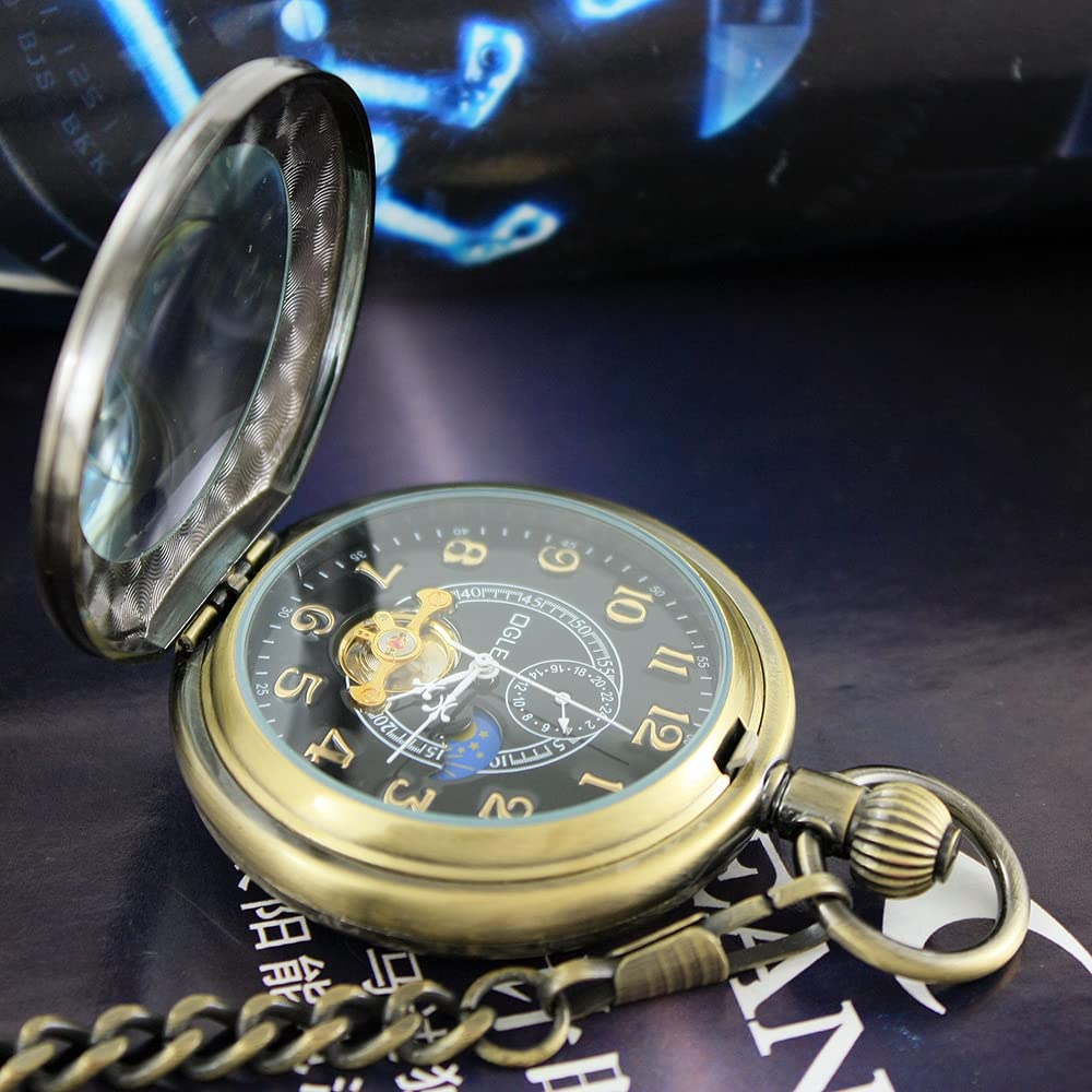 OGLE Waterproof Luminous Magnifier Tourbillon Moon Sun Chain Fob Self Wind Automatic Mechanical Pocket Watch (Bronze Black)