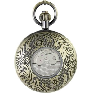 OGLE Waterproof Luminous Magnifier Tourbillon Moon Sun Chain Fob Self Wind Automatic Mechanical Pocket Watch (Bronze Black)