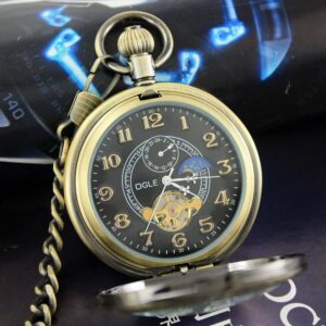 OGLE Waterproof Luminous Magnifier Tourbillon Moon Sun Chain Fob Self Wind Automatic Mechanical Pocket Watch (Bronze Black)