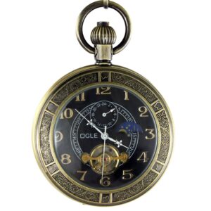 OGLE Waterproof Luminous Magnifier Tourbillon Moon Sun Chain Fob Self Wind Automatic Mechanical Pocket Watch (Bronze Black)