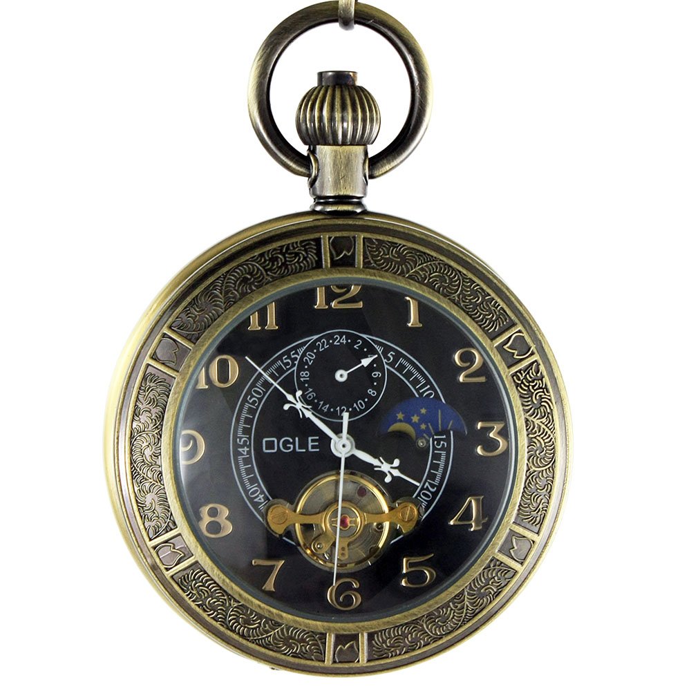 OGLE Waterproof Luminous Magnifier Tourbillon Moon Sun Chain Fob Self Wind Automatic Mechanical Pocket Watch (Bronze Black)