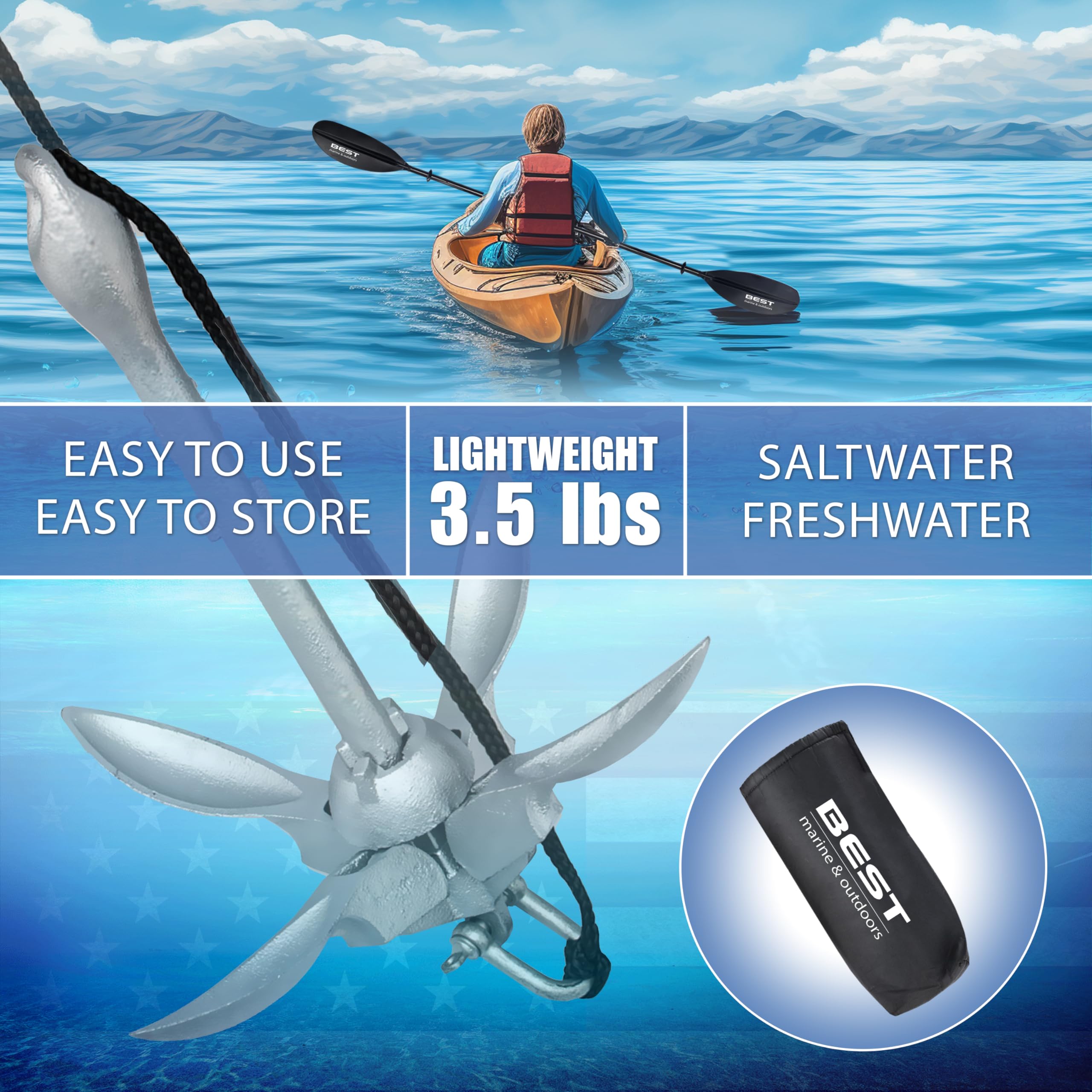 Best Marine and Outdoors Kayak Anchor, 3.5 Pound Anchor System for Kayaks, Canoes, SUP Paddle Boards & Jet Skis, Fishing, Boating & Kayaking Accessories