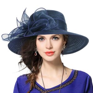 women derby church dress hat wide brim leaf flower bridal shower hat (navy)