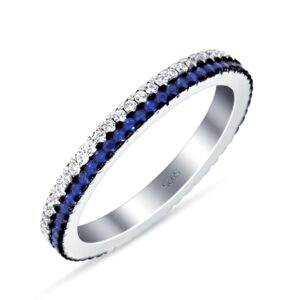 3mm Full Eternity Stackable Thin Blue Line Band Ring Round Simulated Sapphire CZ 925 Sterling Silver, Size-8