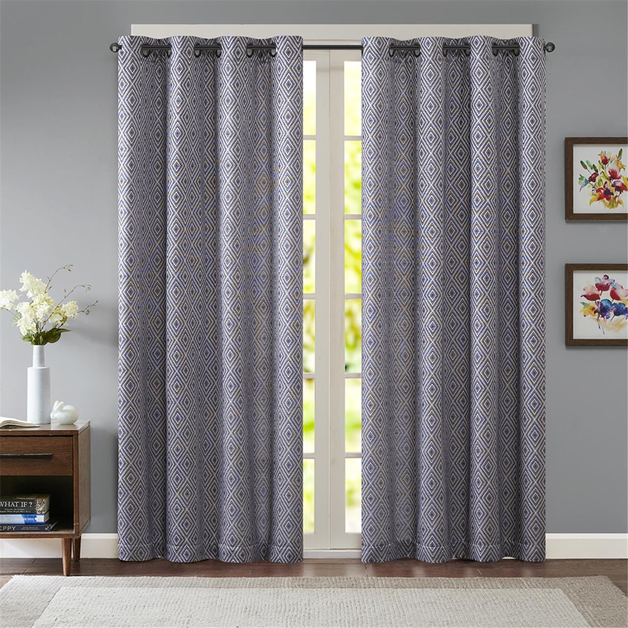 Madison Park Navy Curtains for Living Room, Transitional Curtains for Bedroom, Paige Geometric Grommet Window Curtains, 50X63, 1-Panel Pack