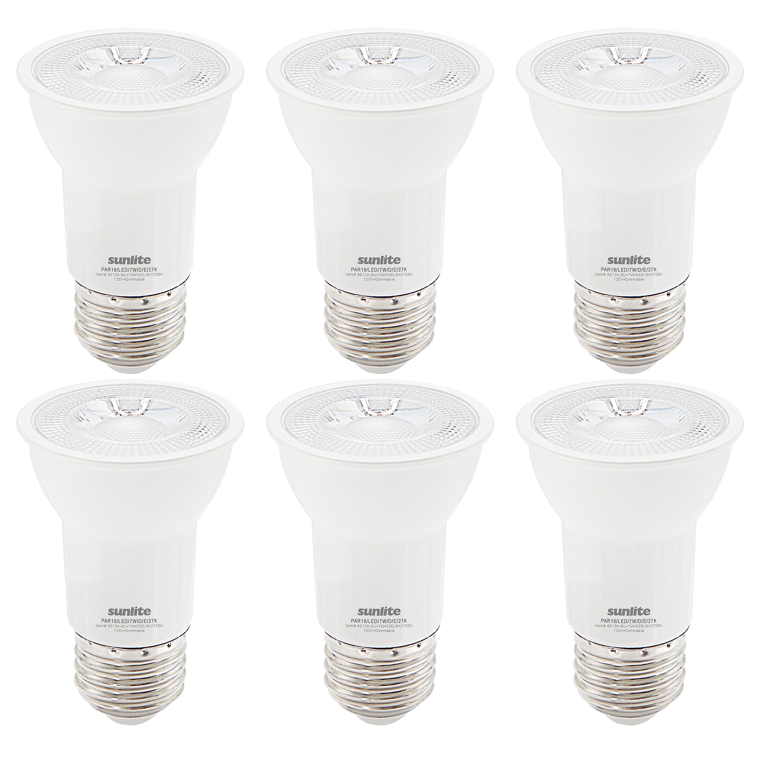 Sunlite LED PAR16 Long Neck Recessed Spotlight Bulb, 7 Watt, (75W Halogen Replacement), 500 Lumens, Medium (E26) Base, Dimmable, ETL Listed, 2700K Soft White, 6 Pack