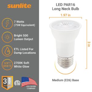 Sunlite LED PAR16 Long Neck Recessed Spotlight Bulb, 7 Watt, (75W Halogen Replacement), 500 Lumens, Medium (E26) Base, Dimmable, ETL Listed, 2700K Soft White, 6 Pack