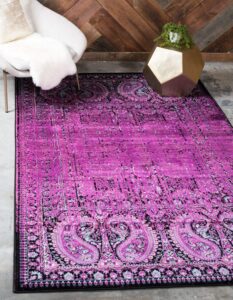 unique loom imperial collection paisley, distressed, border, vintage, modern, abstract area rug, 7 x 10 ft, lilac/black