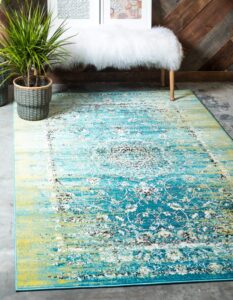 unique loom imperial collection distressed, bright colors, floral, vintage, modern, traditional area rug, 2 x 3 ft, blue/green