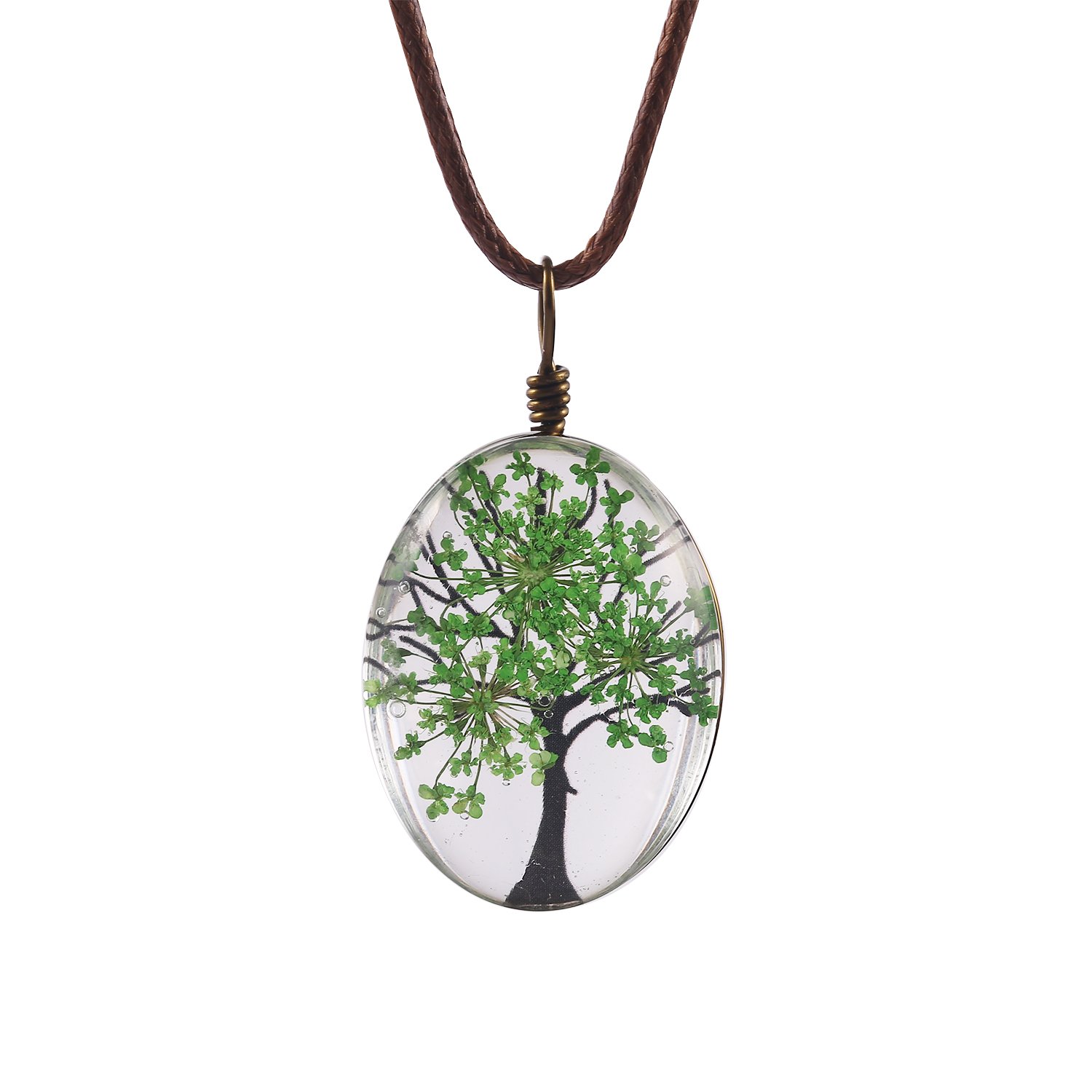 FM FM42 Green Life of Tree Queen Anne's Lace Dried Flowers Oval Pendant Necklace FN4072