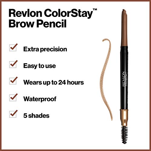 Revlon ColorStay Eyebrow Pencil with Spoolie Brush, Waterproof, Longwearing, Angled Tip Applicator for Perfect Brows, 210 Soft Brown, 0.021 oz