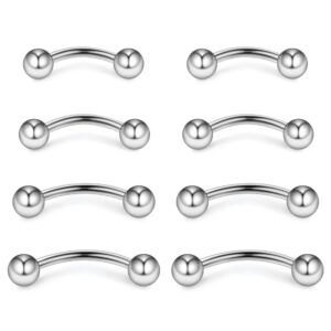 ruifan 4prs(8pcs) eyebrow piercing jewelry curved barbell with ball kit eyebrow tragus lip ring 16g 16 gauge 6mm/8mm/10mm/12mm(steel)