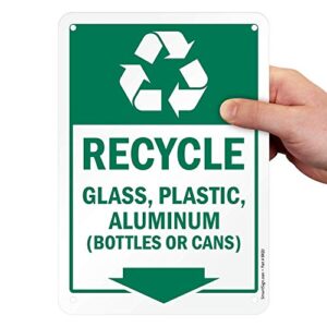 smartsign"recycle - glass, plastic, aluminum" sign with down arrow | 7" x 10" aluminum,s2-0373-al-07x10-rr