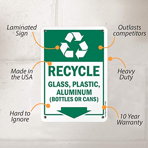 SmartSign"Recycle - Glass, Plastic, Aluminum" Sign with Down Arrow | 7" x 10" Aluminum,S2-0373-AL-07x10-RR