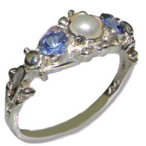 925 Sterling Silver Cultured Pearl and Tanzanite Womens Promise Ring - Size 6.5