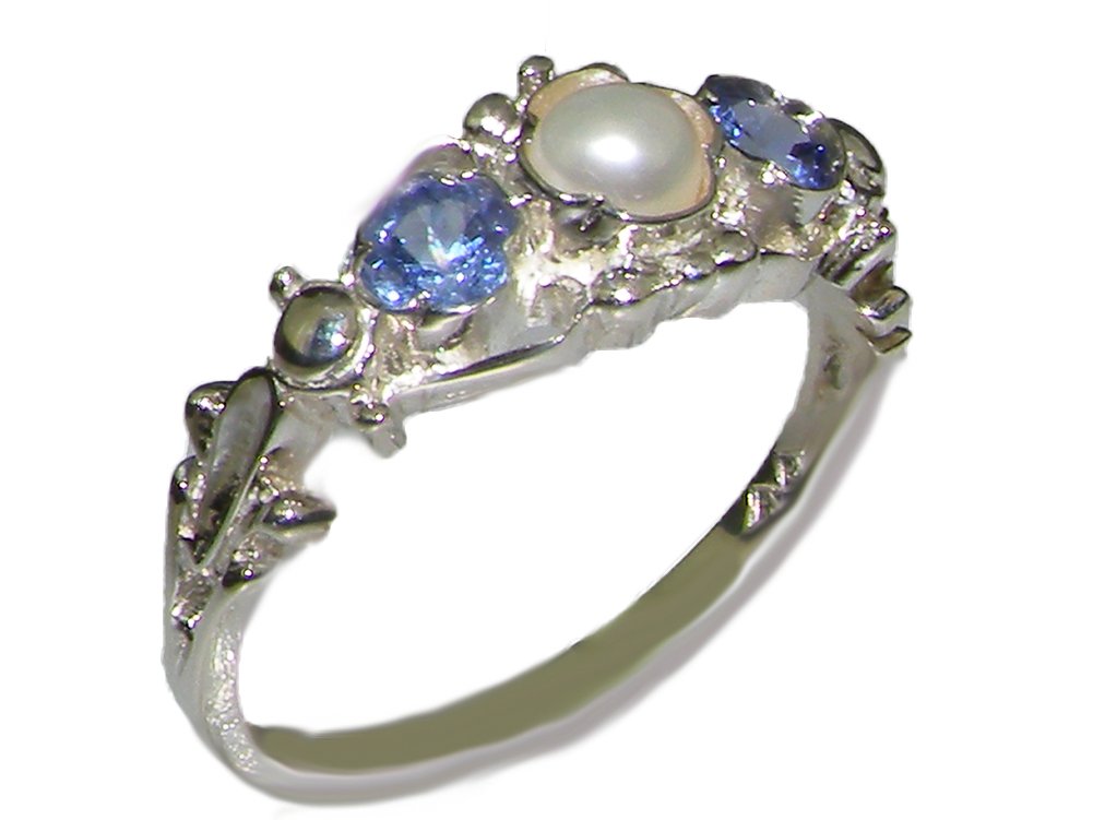 925 Sterling Silver Cultured Pearl and Tanzanite Womens Promise Ring - Size 6.5