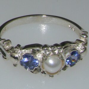 925 Sterling Silver Cultured Pearl and Tanzanite Womens Promise Ring - Size 6.5