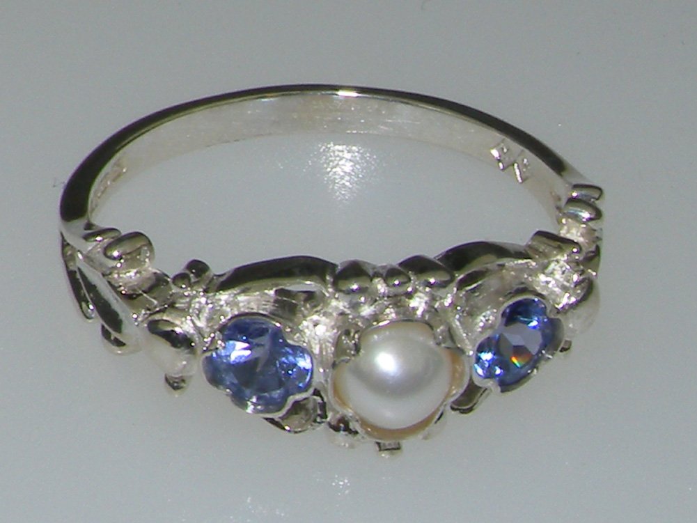 925 Sterling Silver Cultured Pearl and Tanzanite Womens Promise Ring - Size 6.5