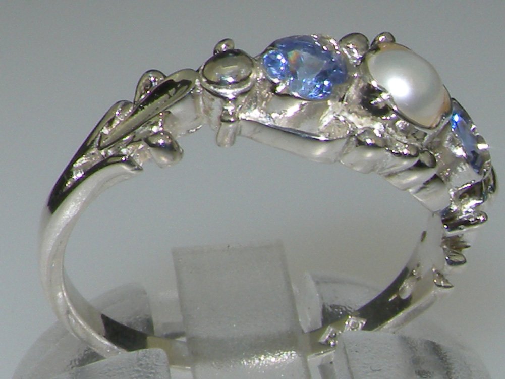 925 Sterling Silver Cultured Pearl and Tanzanite Womens Promise Ring - Size 6.5