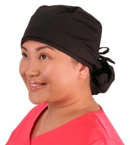 sparkling earth solid black big hair ponytail classic surgical style scrub working cap - made in the usa!!!