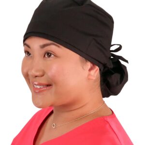 Sparkling EARTH Solid Black Big Hair Ponytail Classic Surgical Style Scrub Working Cap - Made in The USA!!!