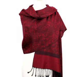 Paskmlna Paisley Jacquard Pashmina Shawl Wrap Scarf Stole,Burgundy-black018-09,Large