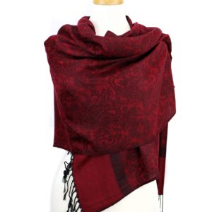 Paskmlna Paisley Jacquard Pashmina Shawl Wrap Scarf Stole,Burgundy-black018-09,Large