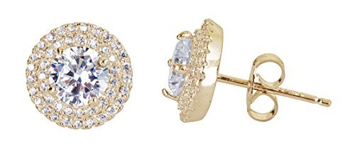 Sterling Silver Cubic Zirconia 11mm Round Double Halo Stud Earrings (yellow-gold-and-sterling-silver)