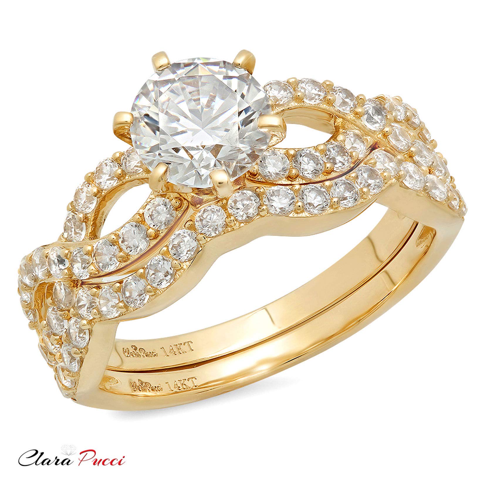 Clara Pucci - 1.52 Carat Round Cut Clear Simulated Diamond 14k Yellow Gold Solitaire W/Accents Wedding Engagement Bridal Ring Band Set Size - 3.5