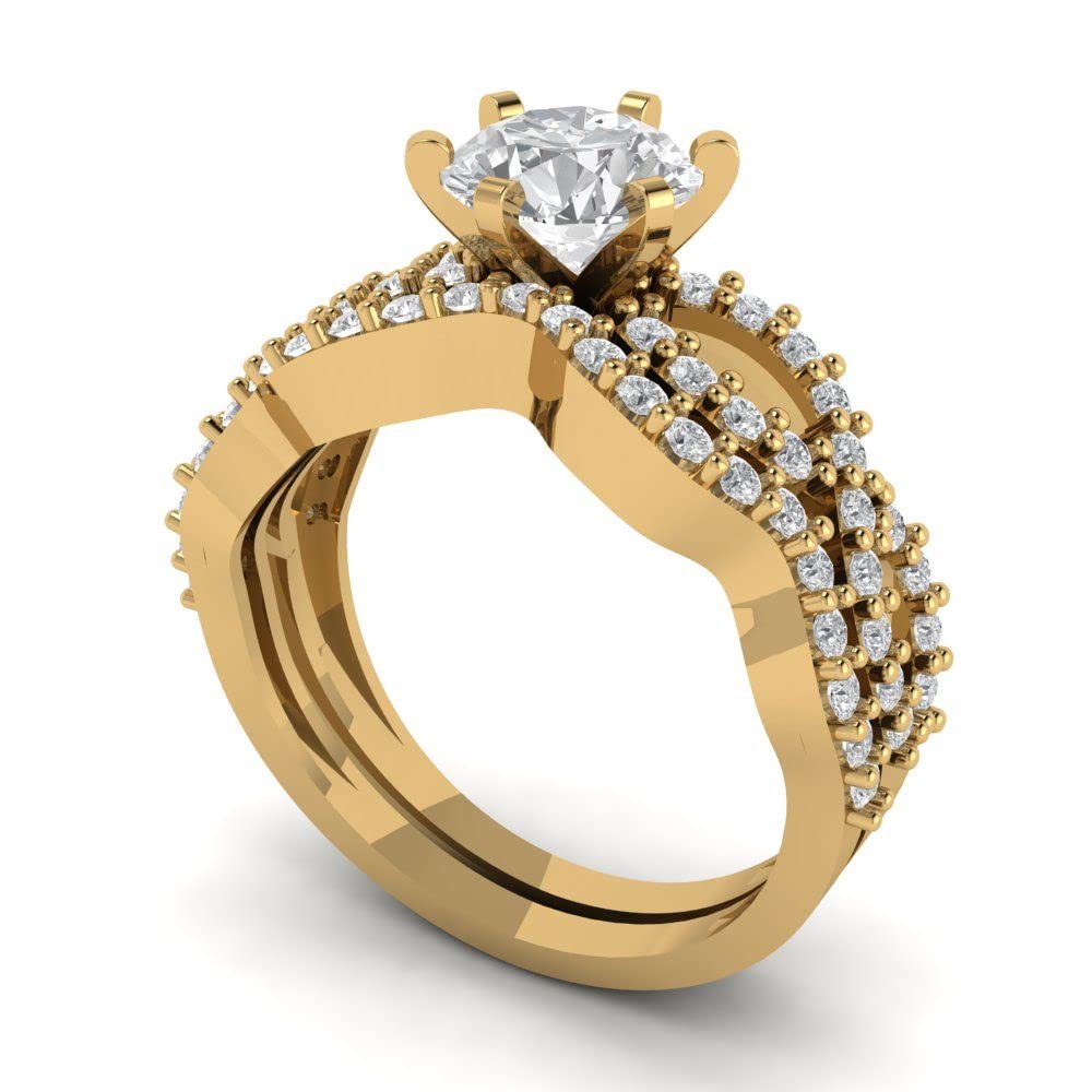 Clara Pucci - 1.52 Carat Round Cut Clear Simulated Diamond 14k Yellow Gold Solitaire W/Accents Wedding Engagement Bridal Ring Band Set Size - 3.5