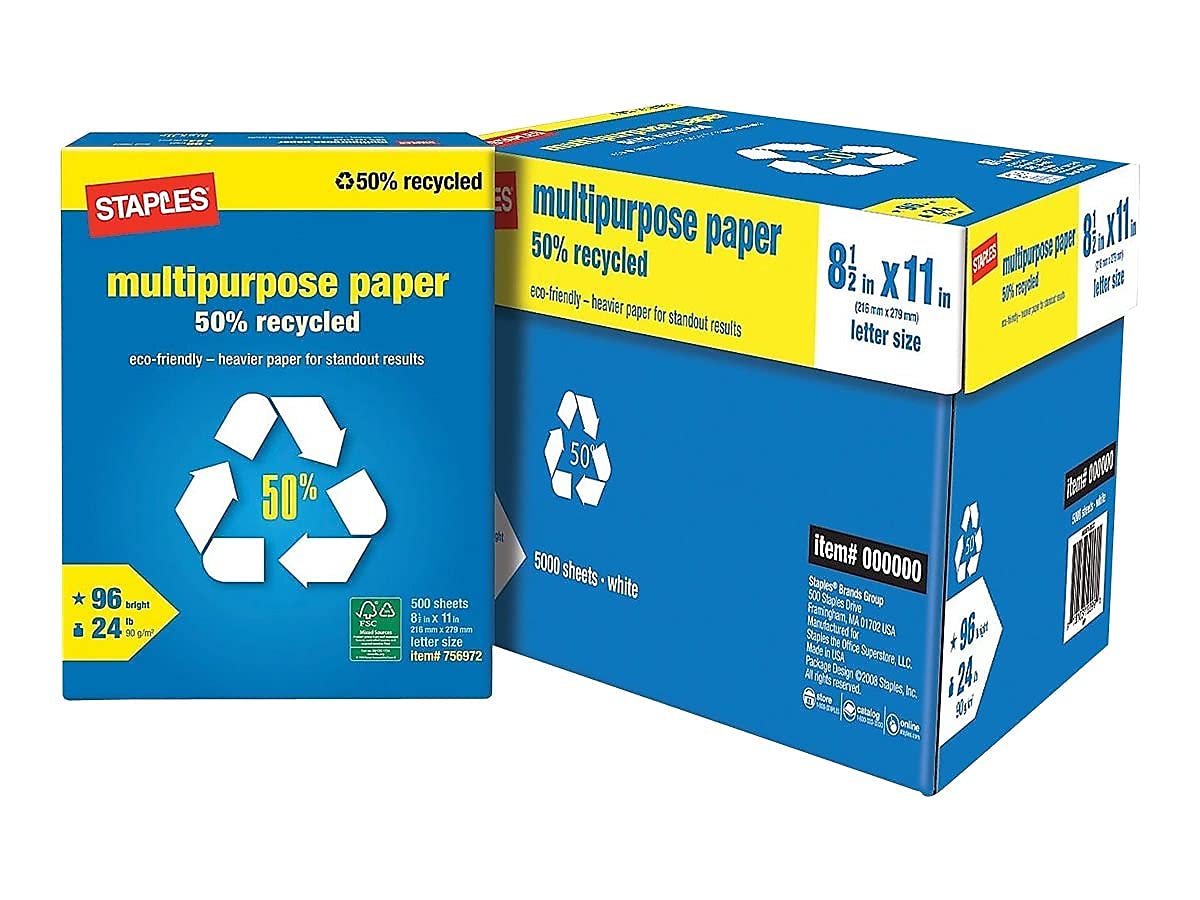 Staples 756860 50% Recycled 8.5-Inch x 11-Inch Multipurpose Paper 24 lbs 96B 10 RM/CT