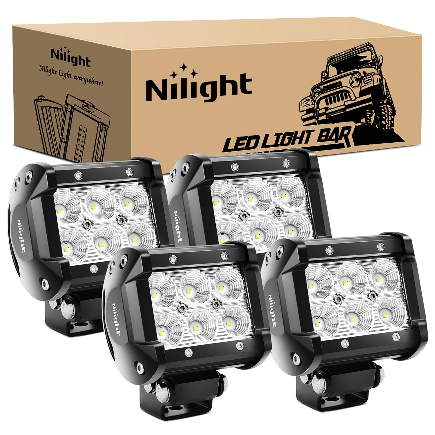 Nilight LED Pods 4PCS 18W 1260lm Flood Light Bar Driving Fog Off Road Lights Work 24V 12V For Motorcycles Van Camper Wagon Car Pickup ATV UTV SUV Truck Boat, 2 Years Warranty