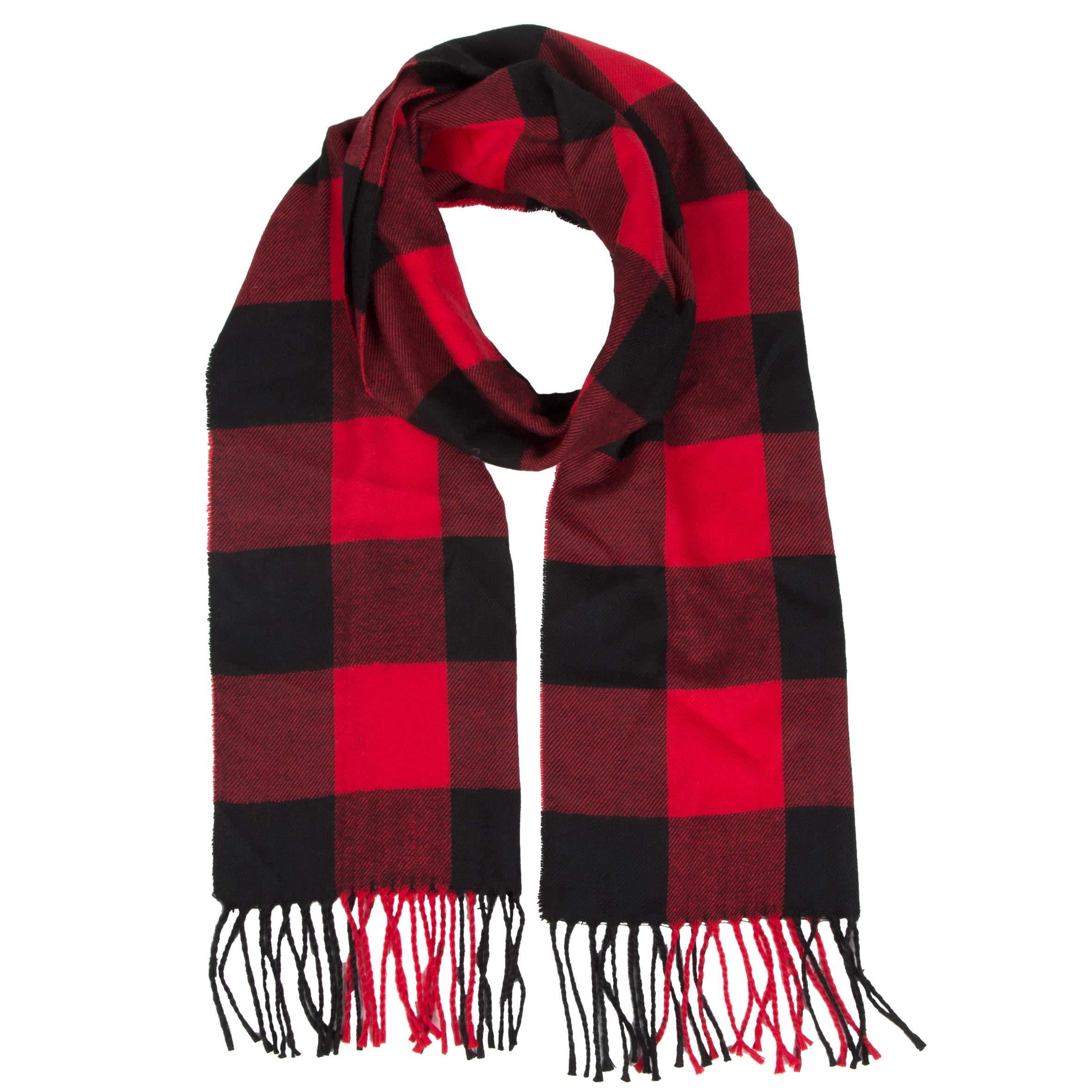 BETTERLINE Buffalo Red and Black Plaid Flannel Scarf for Women & Men - Soft Warm Winter Scarf – 67” x 13” Inches