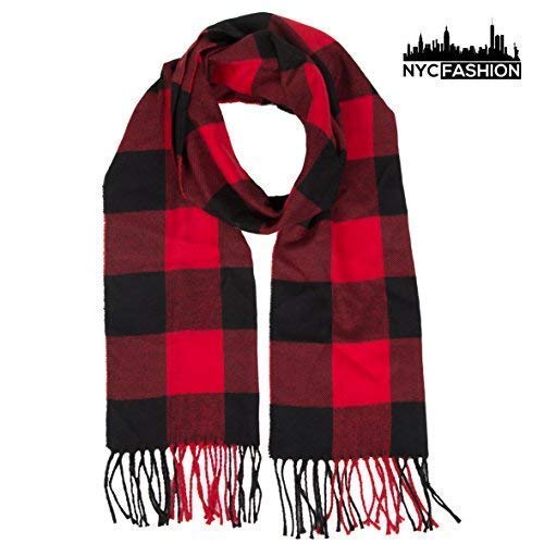 BETTERLINE Buffalo Red and Black Plaid Flannel Scarf for Women & Men - Soft Warm Winter Scarf – 67” x 13” Inches