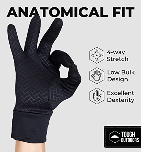 Tough Outdoors Running Gloves with Touch Screen - Black Winter Glove Liners for Texting, Cycling, Driving for Men & Women - Thin, Lightweight & Warm Cold Weather Thermal Sports Gloves