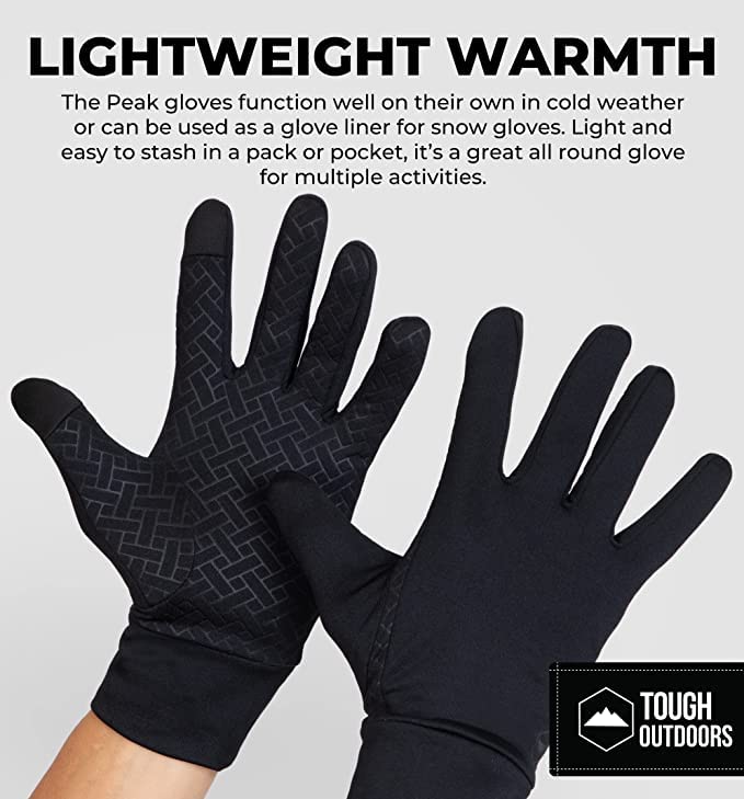 Tough Outdoors Running Gloves with Touch Screen - Black Winter Glove Liners for Texting, Cycling, Driving for Men & Women - Thin, Lightweight & Warm Cold Weather Thermal Sports Gloves