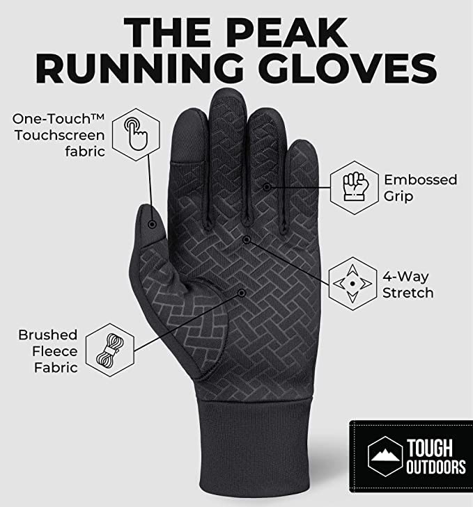 Tough Outdoors Running Gloves with Touch Screen - Black Winter Glove Liners for Texting, Cycling, Driving for Men & Women - Thin, Lightweight & Warm Cold Weather Thermal Sports Gloves