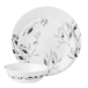 corelle 12-piece vitrelle misty leaves chip and break resistant dinner set, grey