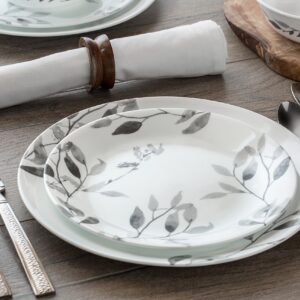 Corelle 12-Piece Vitrelle Misty Leaves Chip and Break Resistant Dinner Set, Grey