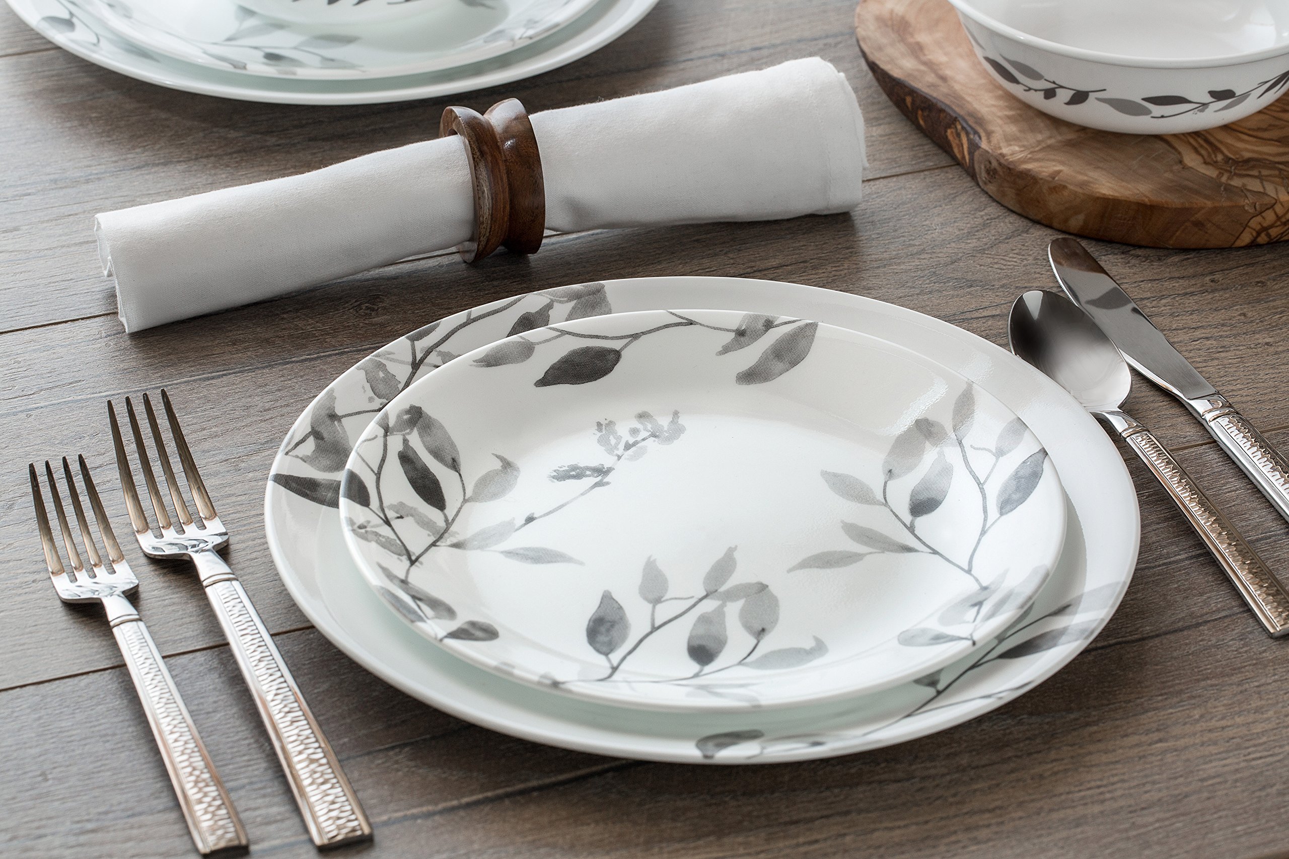 Corelle 12-Piece Vitrelle Misty Leaves Chip and Break Resistant Dinner Set, Grey