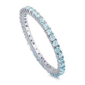 2mm full eternity stackable wedding ring round simulated aquamarine cubic zirconia 925 sterling silver, size-7