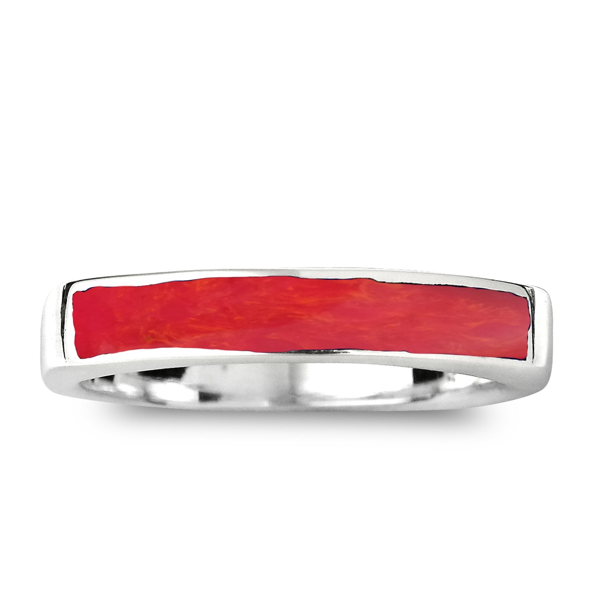 AeraVida Rectangular Bar Reconstructed Red Coral Inlay .925 Sterling Silver Ring | Classic Wedding Rings For Women | Casual Comfort Fit Silver Rings for Women | Sterling Silver Rings Sizes (8)