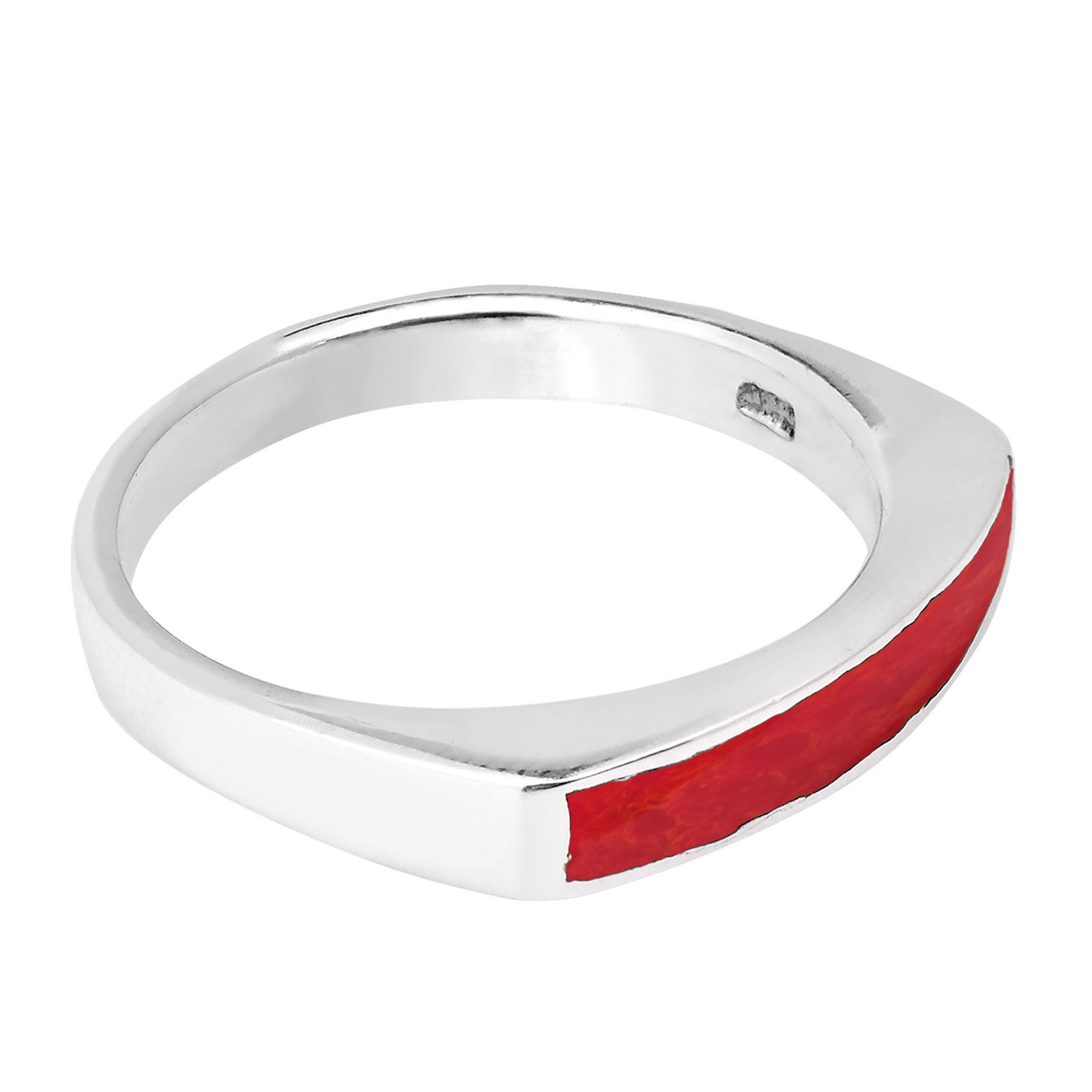 AeraVida Rectangular Bar Reconstructed Red Coral Inlay .925 Sterling Silver Ring | Classic Wedding Rings For Women | Casual Comfort Fit Silver Rings for Women | Sterling Silver Rings Sizes (8)