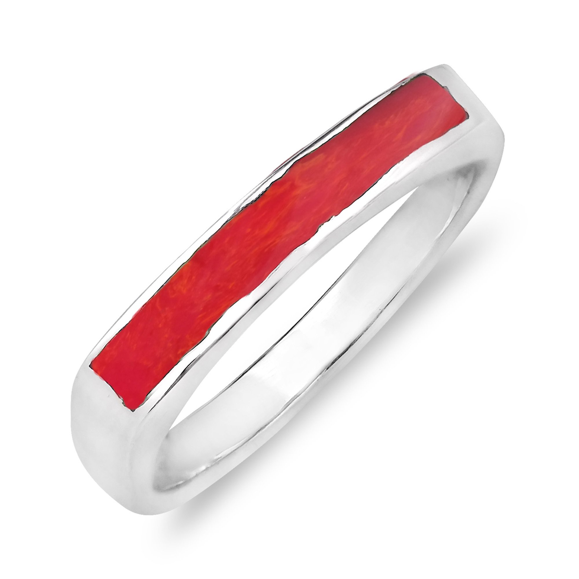 AeraVida Rectangular Bar Reconstructed Red Coral Inlay .925 Sterling Silver Ring | Classic Wedding Rings For Women | Casual Comfort Fit Silver Rings for Women | Sterling Silver Rings Sizes (8)