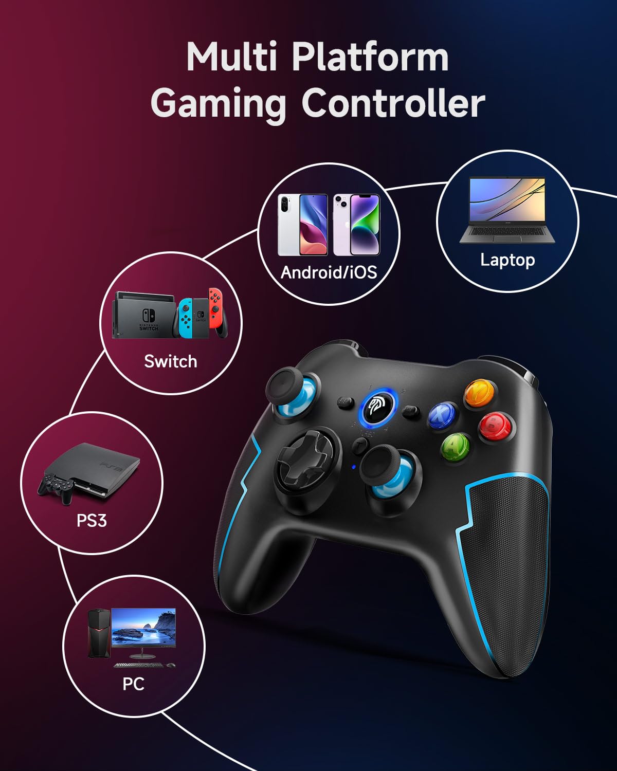 EasySMX 2.4G Wireless Controller for PS3, PC Gamepads with Vibration Fire Button Range up to 10m Support PC (Windows XP/7/8/8.1/10), PS3, Android, Vista, TV Box Portable Gaming Joystick Handle