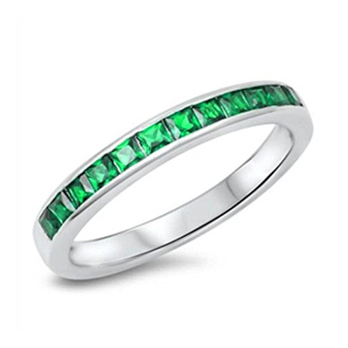 3mm Half Eternity Wedding Engagement Band Ring Princess Cut Simulated Emerald CZ 925 Sterling Silver, Size-7