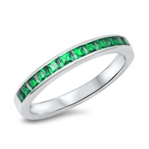 3mm half eternity wedding engagement band ring princess cut simulated emerald cz 925 sterling silver, size-7