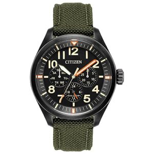 citizen men's eco-drive weekender garrison field watch, in stainless steel with olive green nylon strap, black dial (model: bu2055-16e)