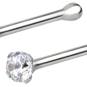 Forbidden Body Jewelry 22G Nose Rings Studs w/ 1.5mm Crystal - 2 Pcs 7mm Sterling Silver Nose Piercing Jewelry Set, l Shaped Nose Rings Women & Men - CZ Simulated Diamond, Small Nose Studs Women