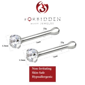 Forbidden Body Jewelry 22G Nose Rings Studs w/ 1.5mm Crystal - 2 Pcs 7mm Sterling Silver Nose Piercing Jewelry Set, l Shaped Nose Rings Women & Men - CZ Simulated Diamond, Small Nose Studs Women